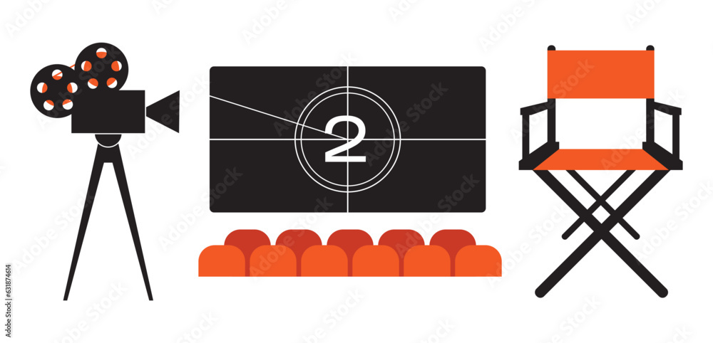 Cinema elements set. Video camera, director chair, cinema screen. Vector illustration for cinema ...