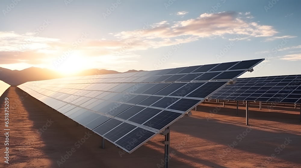 Solar farm with thousands of panels extending across desert landscape ...