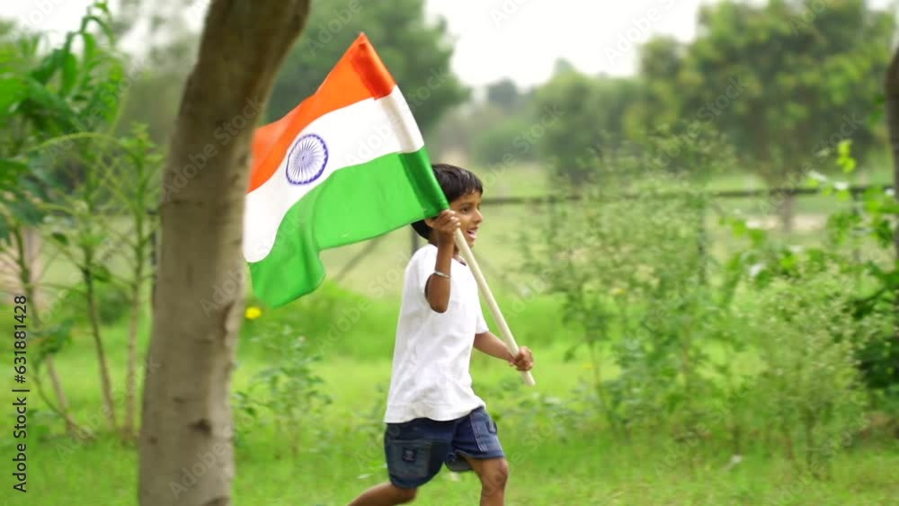 Cute little Indian kids holding, waving or running with Tricolour with ...