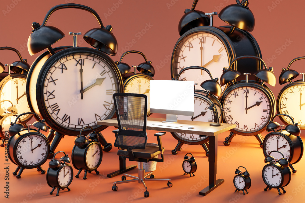 office workplace on infinite background surrounded by huge alarm clocks ...