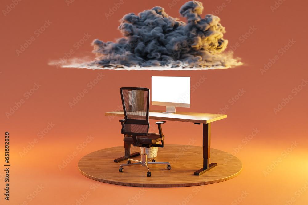 pc office workplace on infinite background with cloud over head ...