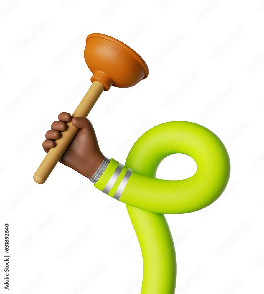 3d render. Funny cartoon flexible dark skin human arm holds plunger ...