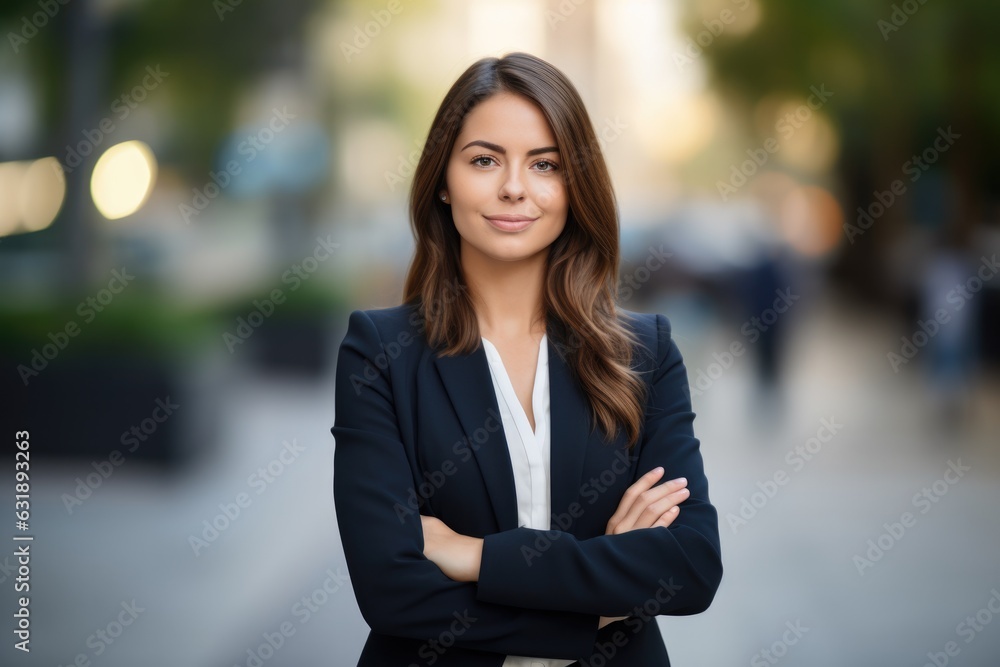 young smiling professional business woman, standing outdoor on street ...