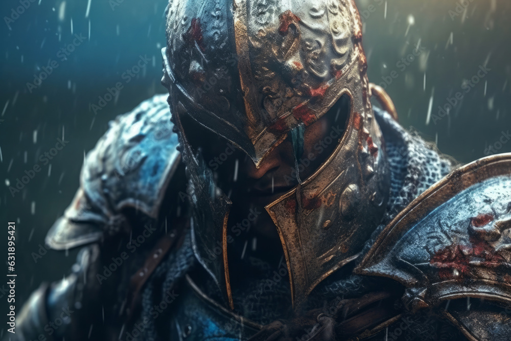 Knight in armor with sword in the rain, closeup. Generative AI. Stock ...