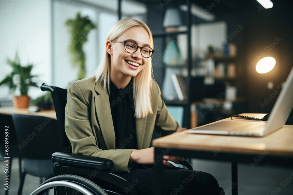 Positive Disabled Beautiful Blonde Woman in Wheelchair Working in the ...