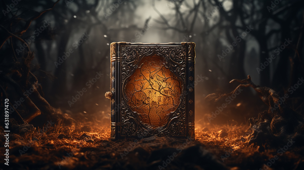an open book of mystical fairy tales background in a foggy night forest ...