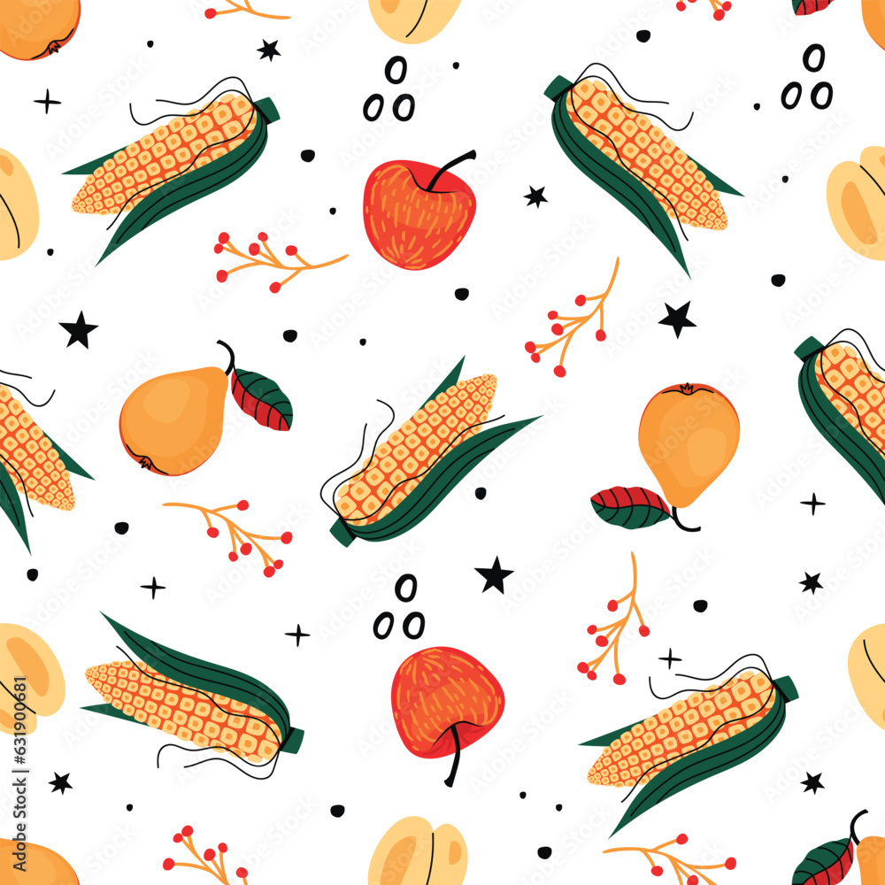 Corn cobs and fruit seamless pattern.Colorful background with doodle ...