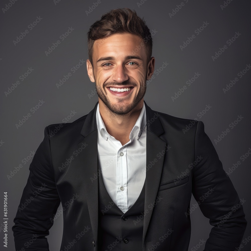 Smiling man in a black suit with his hands on his hips and a smile on ...