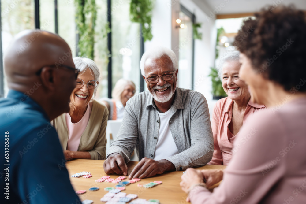 Diverse group of seniors playing board games indoors. Stock Photo ...