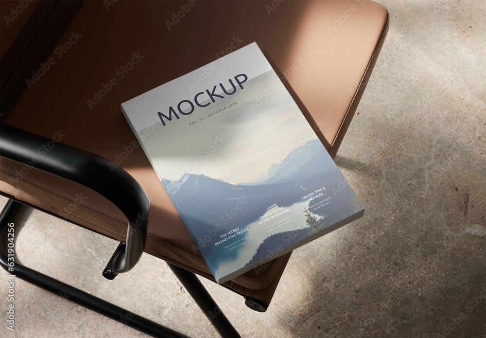 Mockup of vertical A4 magazine on chair, customizable front cover Stock ...