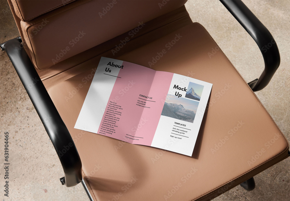 Mockup of customizable A4 bi-fold open paper on chair Stock Template ...