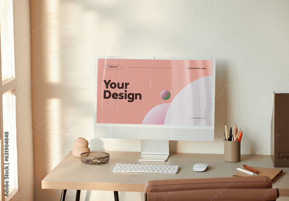 Mockup of all in one desktop computer with customizable screen on desk ...