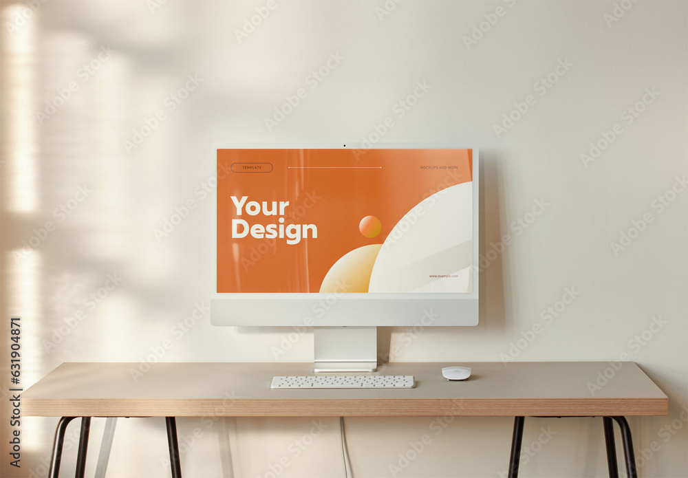Mockup of all in one desktop computer with customizable screen on empty ...