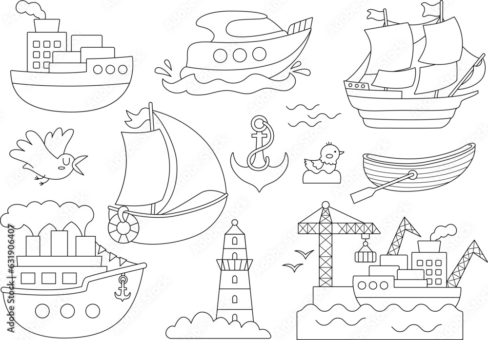 Vector black and white water transport set. Funny nautical ...