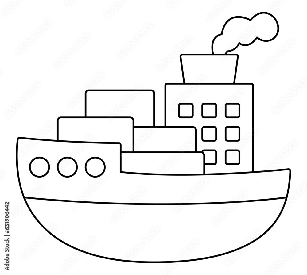 Vector black and white barge with tubes, steam, freight. Water ...