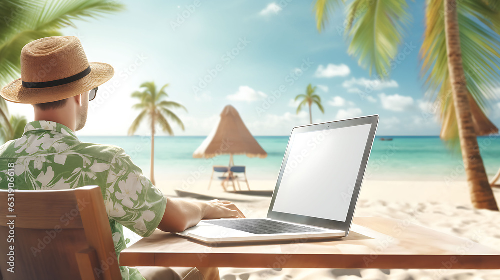 Teleworking at the beach, business, laptop, working on a laptop outside ...