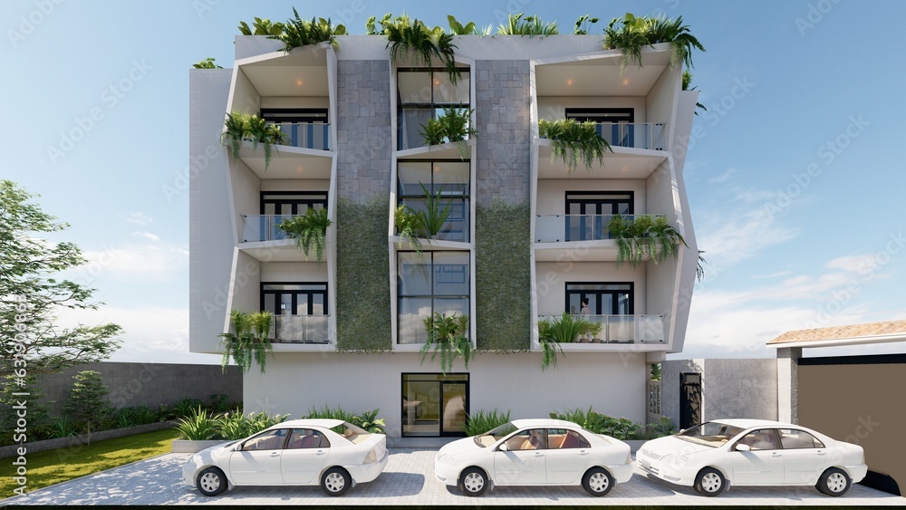 Four-story multi-family building, with concrete, wood and flagstone ...