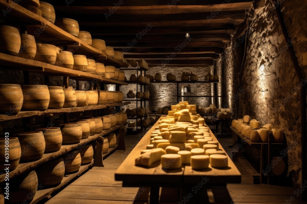 Cheese collection in a cellar of a winery in Italy. A cheese aging ...