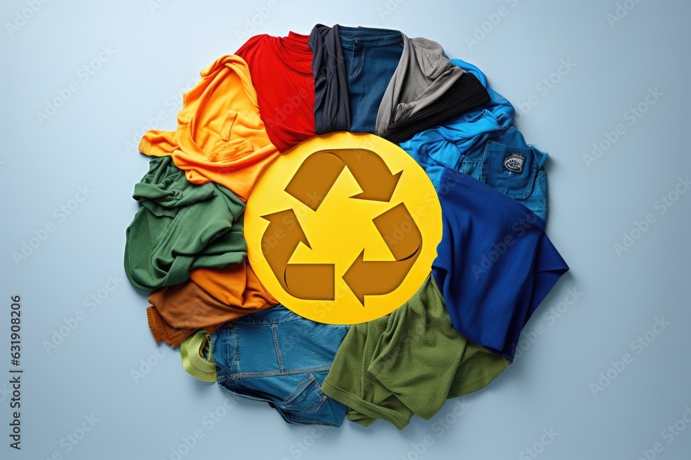 Circle of colorful t-shirts with recycling symbol on blue background, A ...