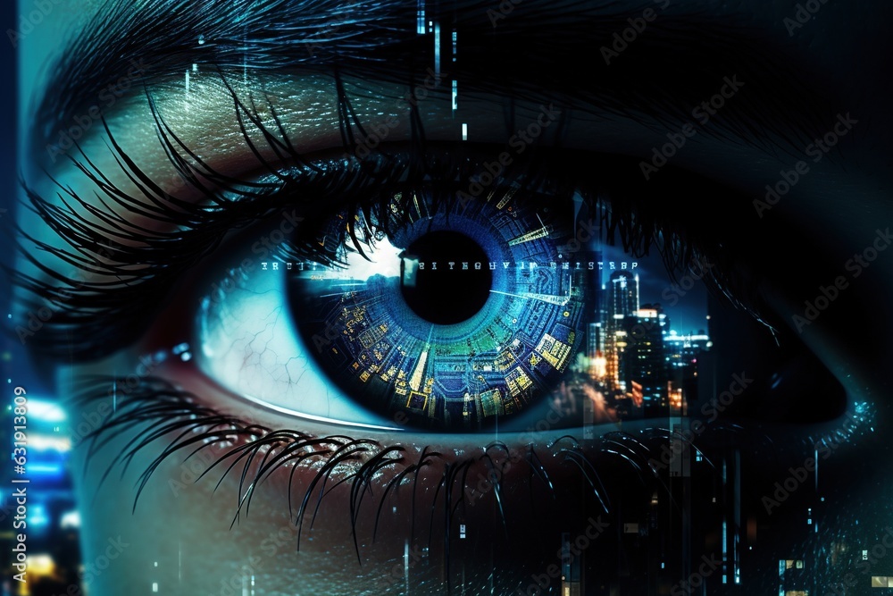 Futuristic female human eye with graphical technology overlay, blue sci ...