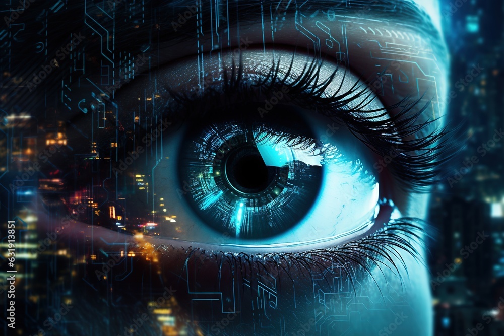 Futuristic female human eye with graphical technology overlay, blue sci ...