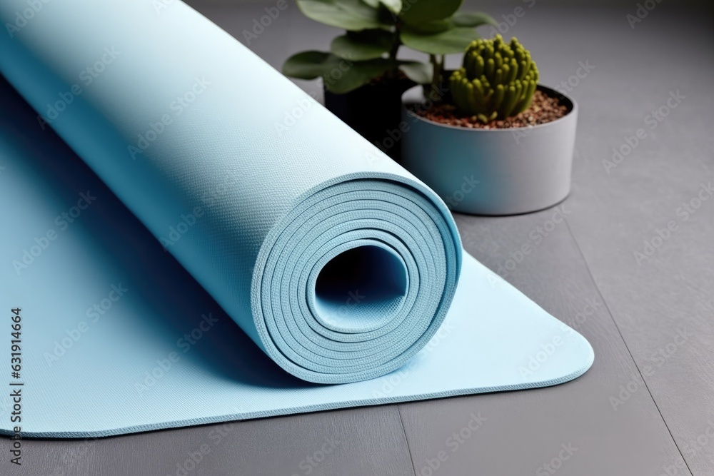 In the room, a light blue yoga mat is lying unrolled. Generative AI ...