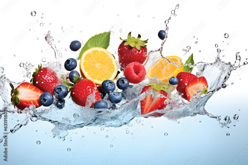 Fresh fruits splattered clear blue water splash healthy food diet ...