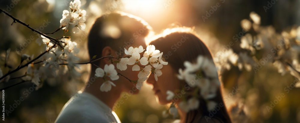 Young couple of man and woman standing close under a blooming cherry tree. Sunset, white ...