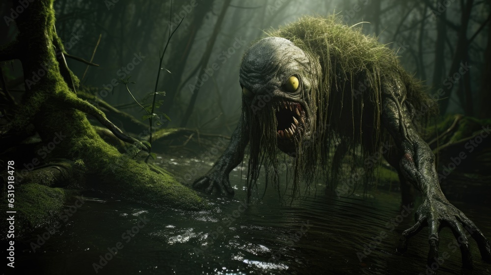 Monstrous creature crawling out of dark woods and swamps. Fear, horror ...