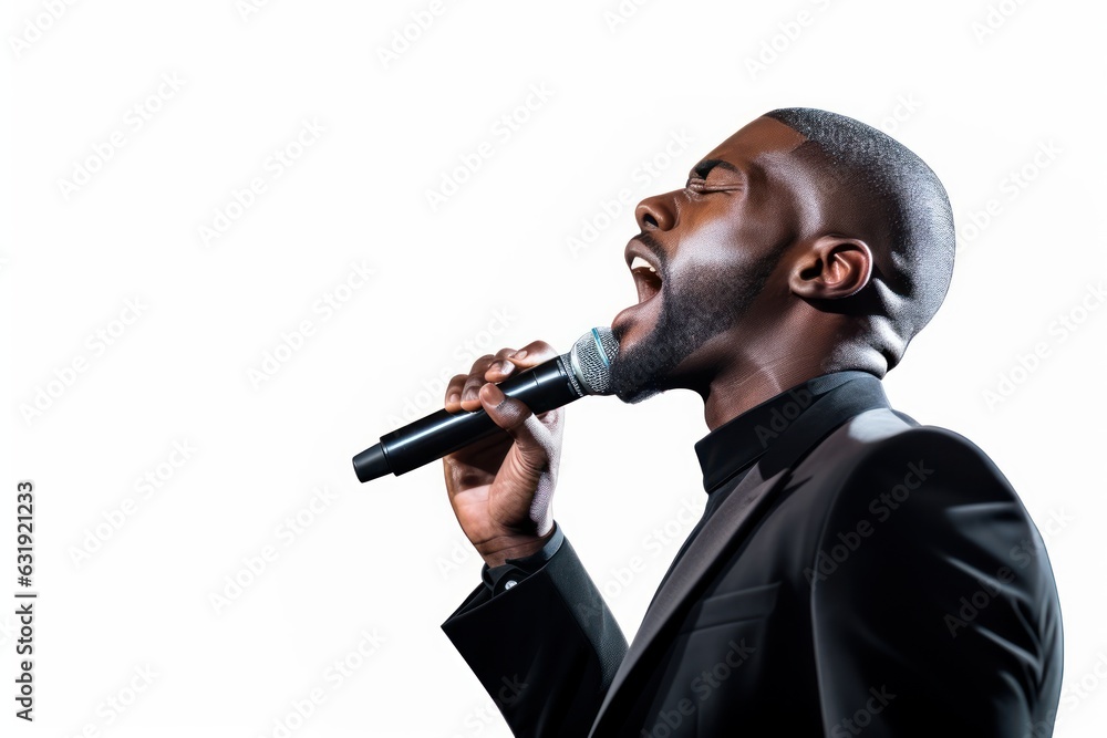 a handsome black african american male singer man singing into microphone. isolated on white ...