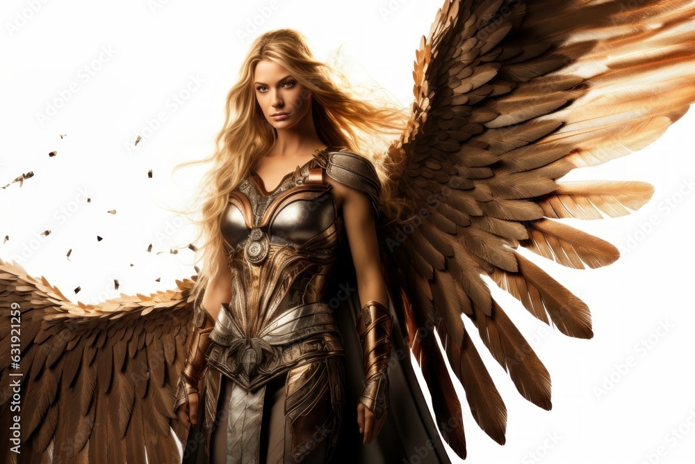 closeup photo portrait of a beautiful blonde woman with wings and armor ...