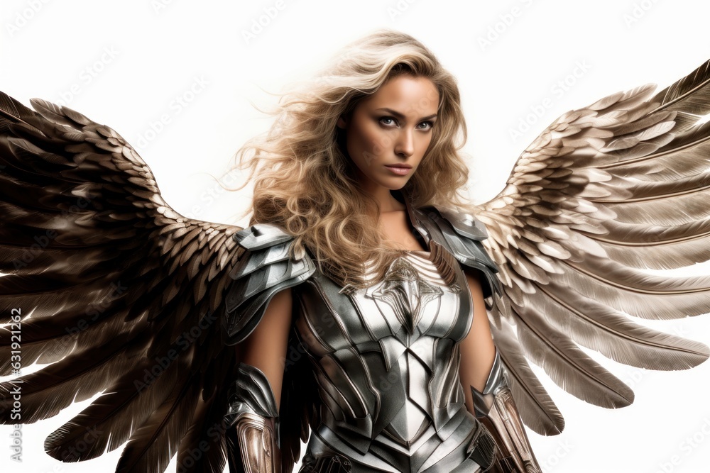closeup photo portrait of a beautiful blonde woman with wings and armor ...