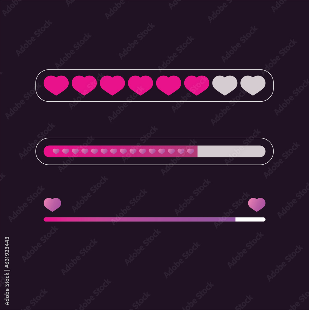 Set of cute loading bars, loading bar with hearts. Progress visualization. Color gradient lines ...