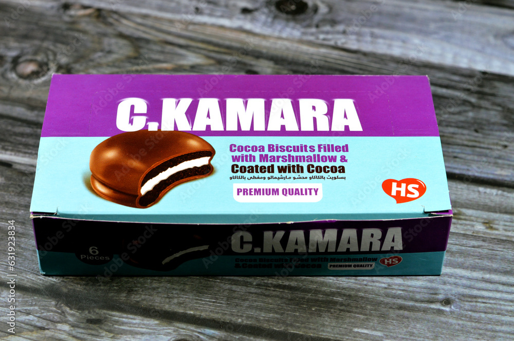 Cairo, Egypt, July 29 2023: C. Kamara premium quality cocoa biscuits ...