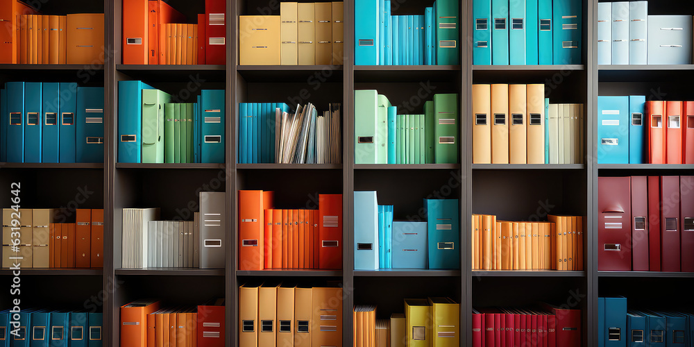 Bookshelf with colorful rainbow folders. Wallpaper with straight view ...