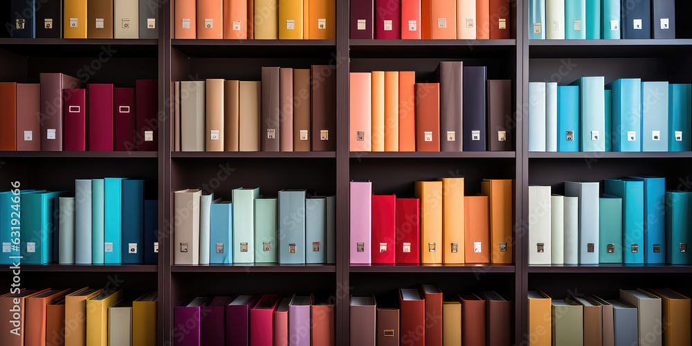 Bookshelf with colorful rainbow folders. Wallpaper with straight view ...