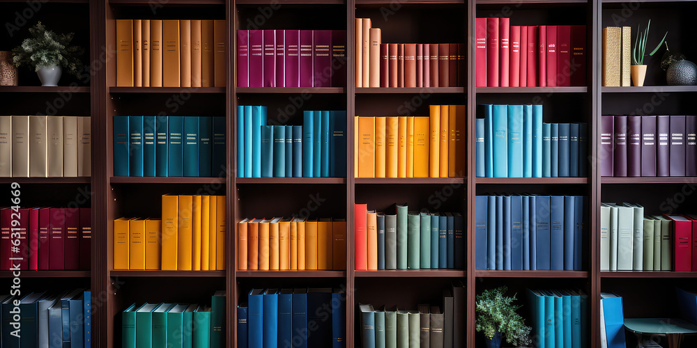 Bookshelf with colorful rainbow folders. Wallpaper with straight view ...