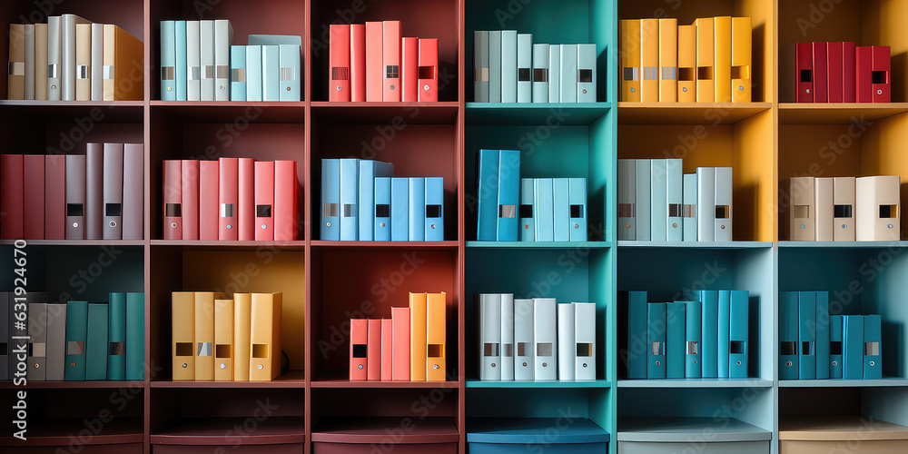 Bookshelf with colorful rainbow folders. Wallpaper with straight view ...