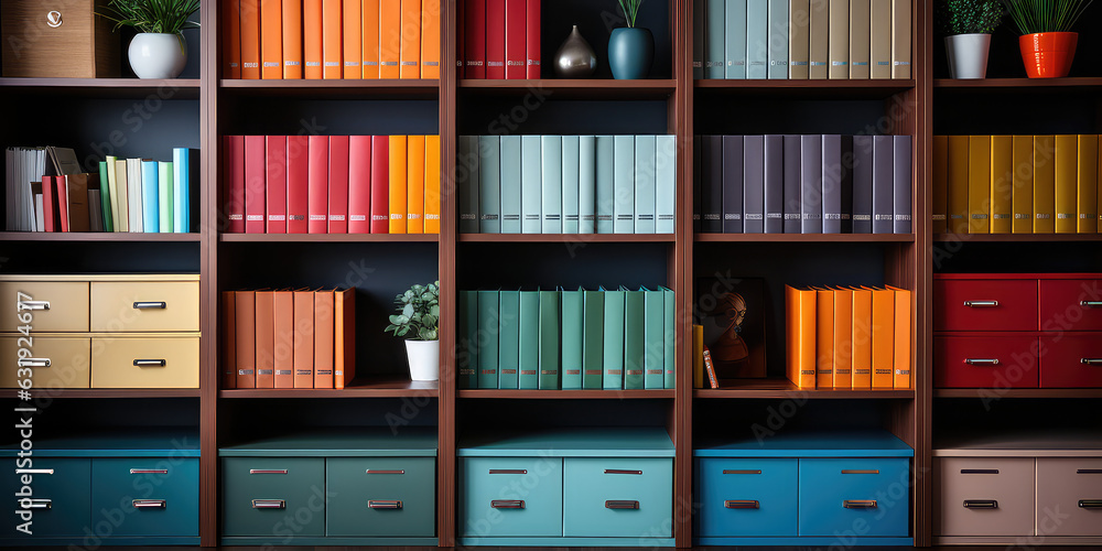 Bookshelf with colorful rainbow folders. Wallpaper with straight view ...