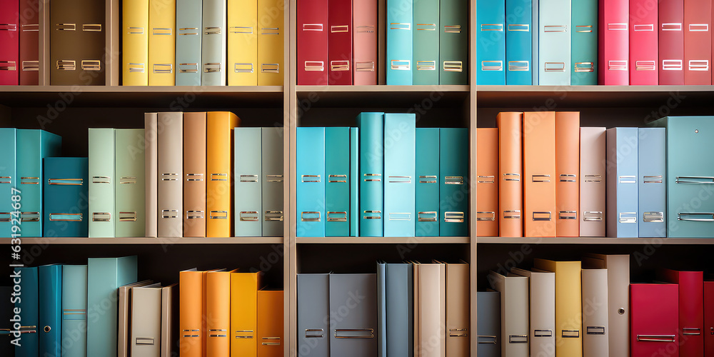 Bookshelf with colorful rainbow folders. Wallpaper with straight view ...
