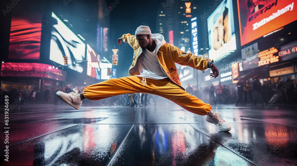 a trendy hip - hop dancer, male, urban outfit consisting of a brightly ...