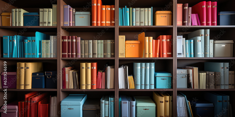 Bookshelf with colorful rainbow folders. Wallpaper with straight view ...