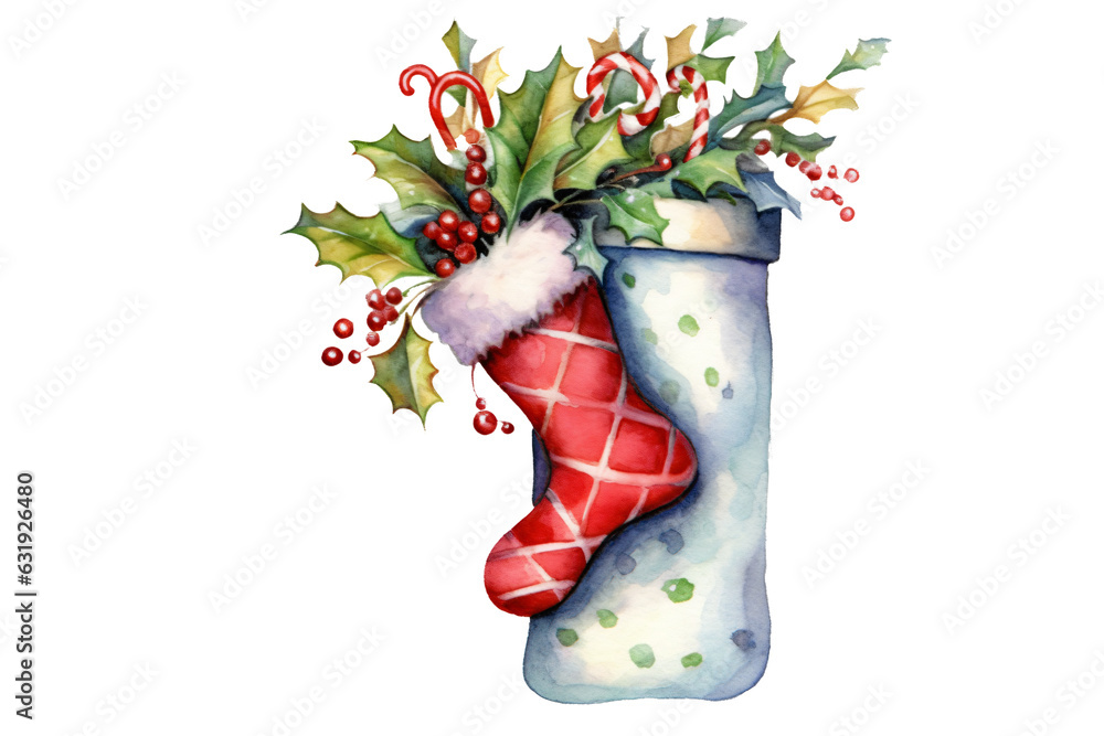 christmas stocking in watercolor clipart design isolated against ...