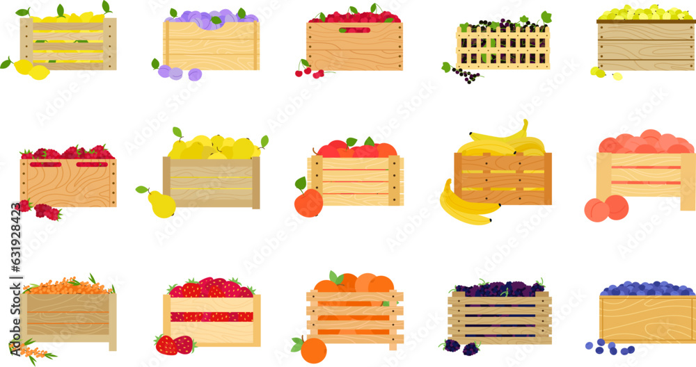 Fruits in wooden boxes and crates. Box with fruit, berries in crate ...