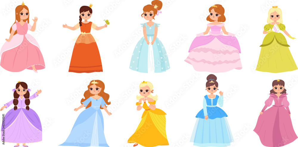 Cartoon little princess children, cute princesses in magic beautiful ...