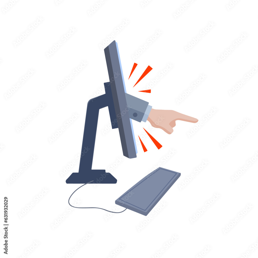 Finger points out of computer monitor. Concept of online censorship and ...