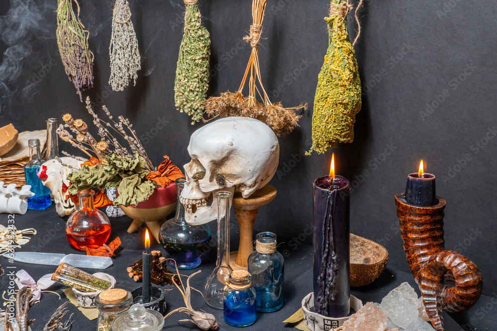 Human skull witchcraft magic ritual. Black magic related objects and ...