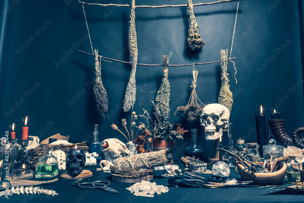 Witch's ceremony with ritual magic items. Magic symbols and tools ...