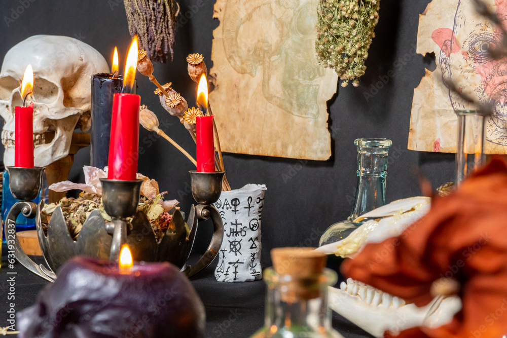 Spiritual occultism and magic chemistry background. Witchcraft potion ...