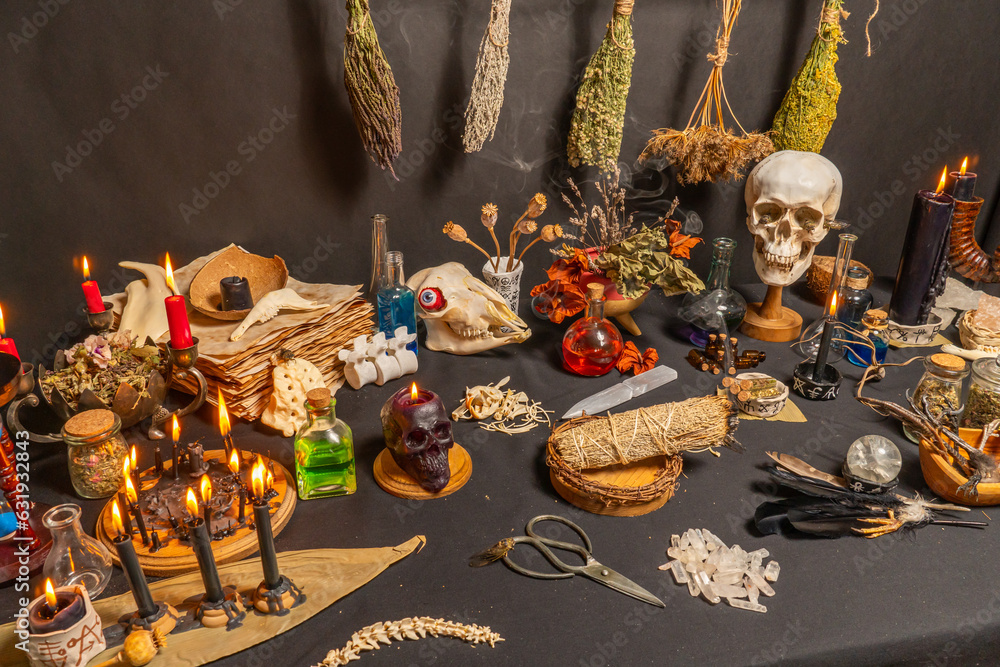 Occult and esoteric witchcraft still life. Halloween background with ...
